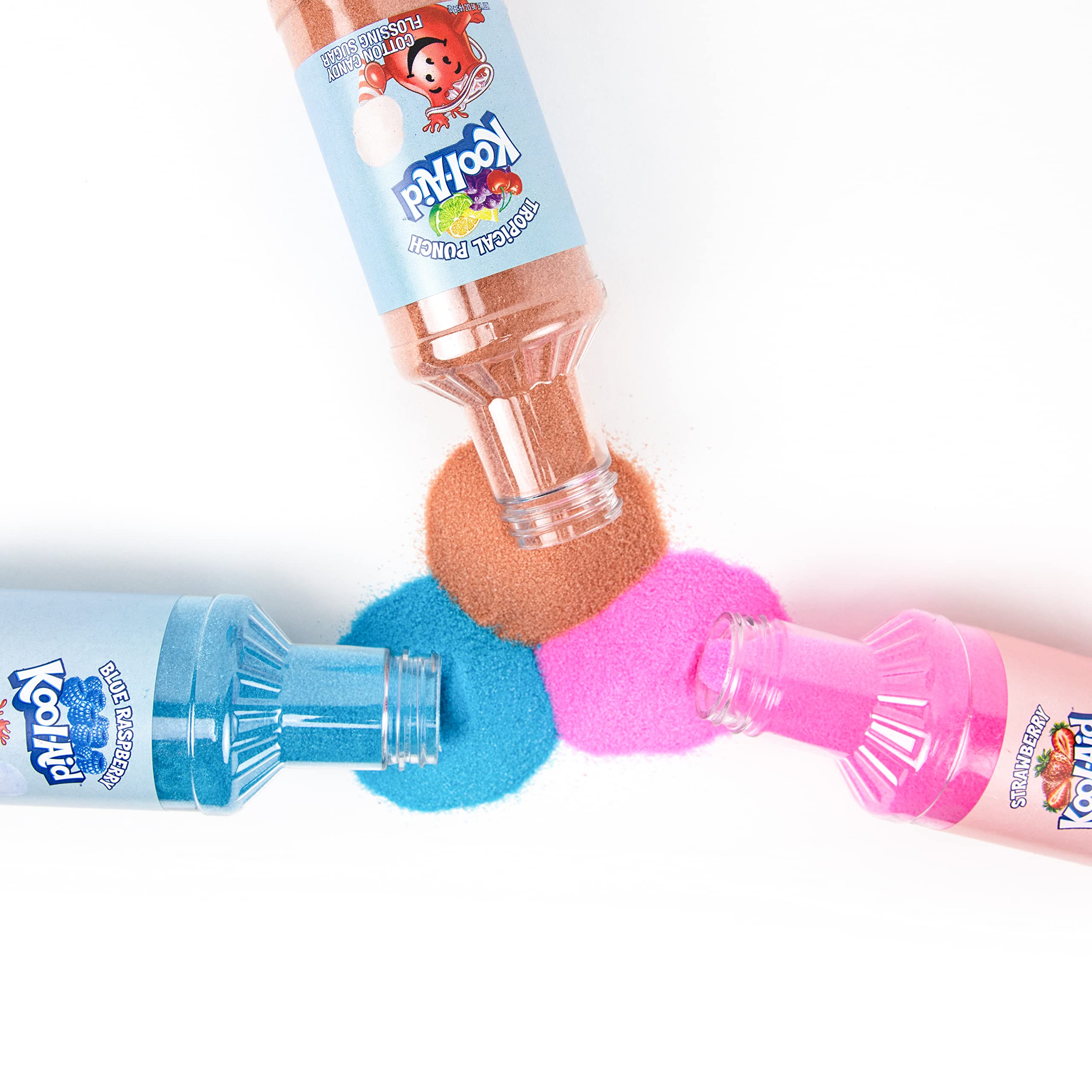 Nostalgia Kool-Aid Flossing Party Kit (3-Pack) | Blue Raspberry, Strawberry, Tropical Punch | 3 16oz Bottles of Cotton Candy Sugar Mix | 96 Small to Medium Cone Servings, 16 Ounces