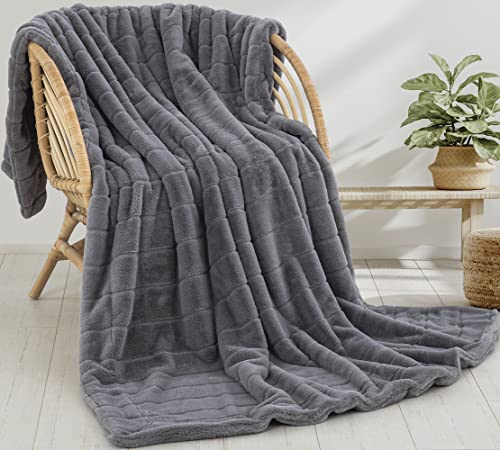 Faux Fur Throw Ultra Soft Double Sided, Fluffy Blanket for Winter Sofa Couch, Cuddly & Warm (50"x 60", Gray)