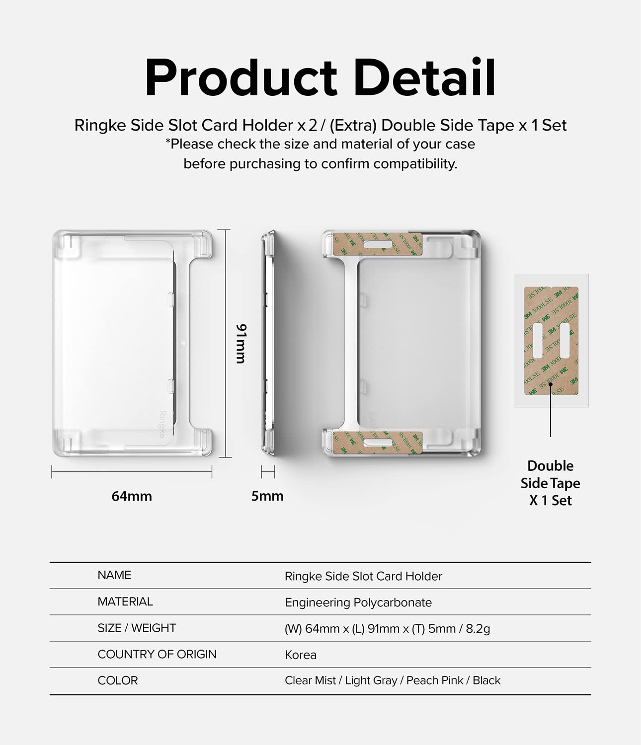 Ringke Side Slot Card Holder for Phone Case, Business Card Holder for Women, Men, ID Credit Card Holder Stick on, Phone Wallet Compatible with iPhone, Galaxy, and Pixel - Clear Mist (2 Pack)