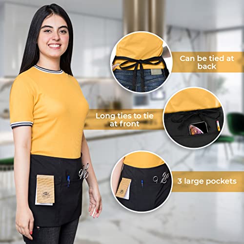 Avalon Kitchen Server Aprons Unisex Waist Aprons with 3 Pockets 24x12 Inches ­Waiter Waitress Apron Half Apron for Women