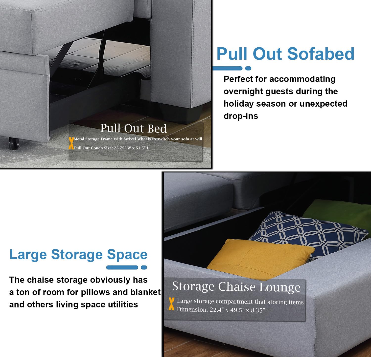 Sleeper Sofa Pull Out Couch with Storage, Modular Sectional Sofa Bed with Chaise Lounge, Modern Comfy 6 Seater U Shape Couch Bed for Living Room, Apartment, Home Office(Grey)