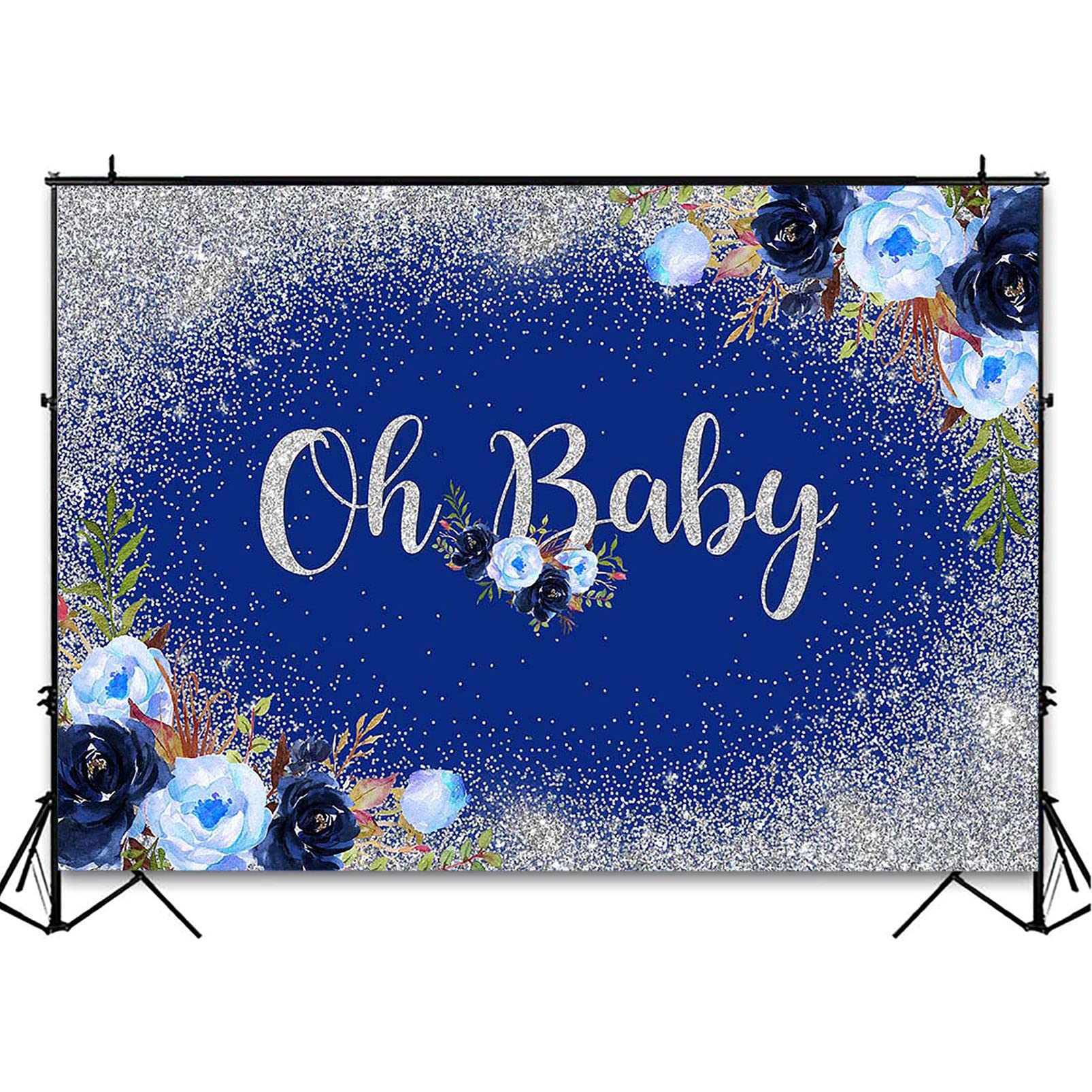 Avezano Navy Blue and Silver Baby Shower Backdrop for Boy Baby Shower Party Decorations Photography Background Glitter Silver Navy Blue Floral Oh Baby Party Decorations Backdrops (7x5ft)