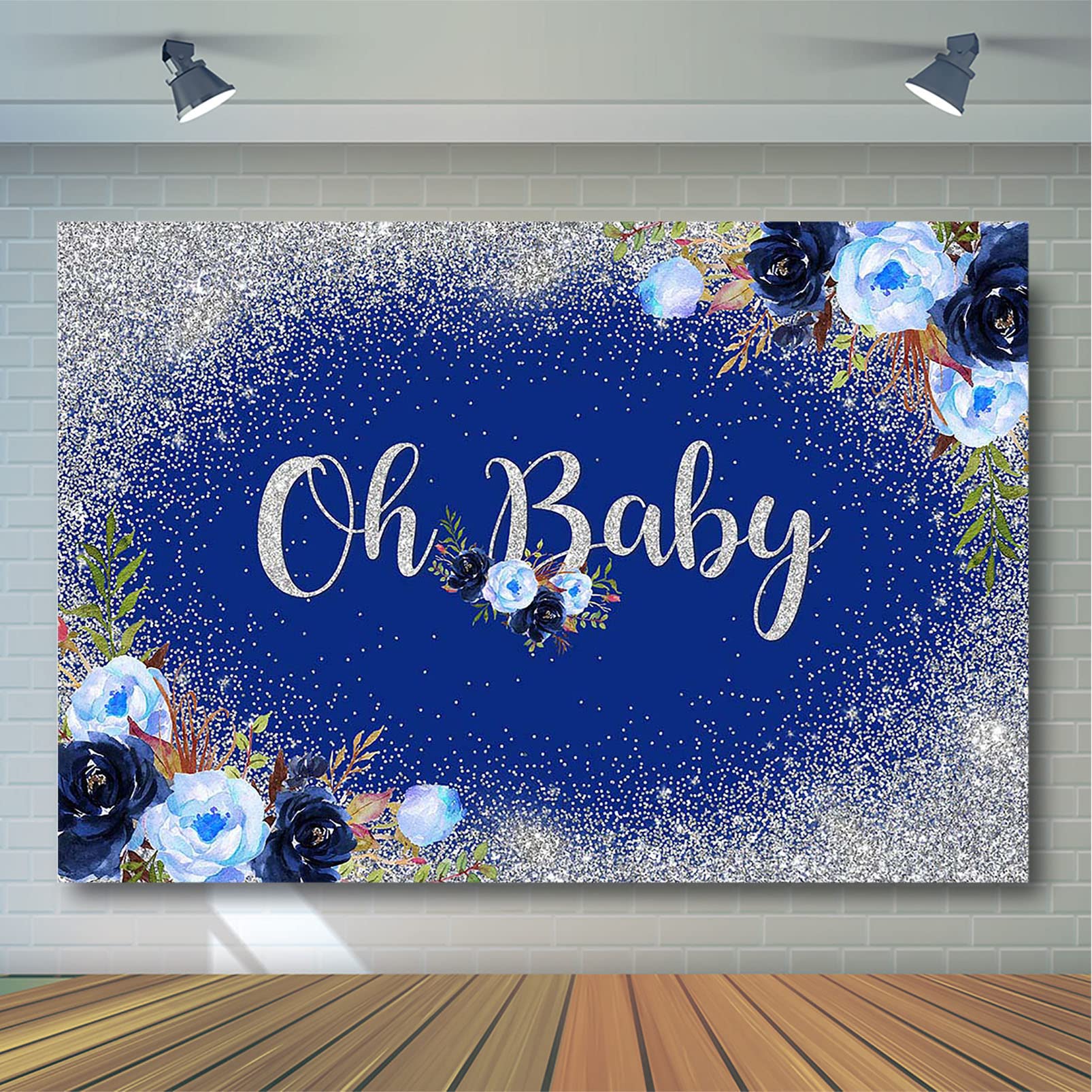 Avezano Navy Blue and Silver Baby Shower Backdrop for Boy Baby Shower Party Decorations Photography Background Glitter Silver Navy Blue Floral Oh Baby Party Decorations Backdrops (7x5ft)