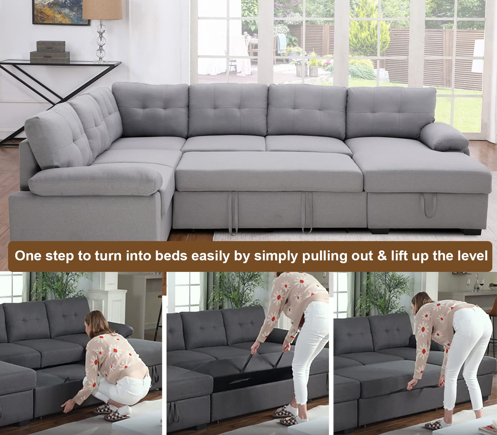Sleeper Sofa Pull Out Couch with Storage, Modular Sectional Sofa Bed with Chaise Lounge, Modern Comfy 6 Seater U Shape Couch Bed for Living Room, Apartment, Home Office(Grey)