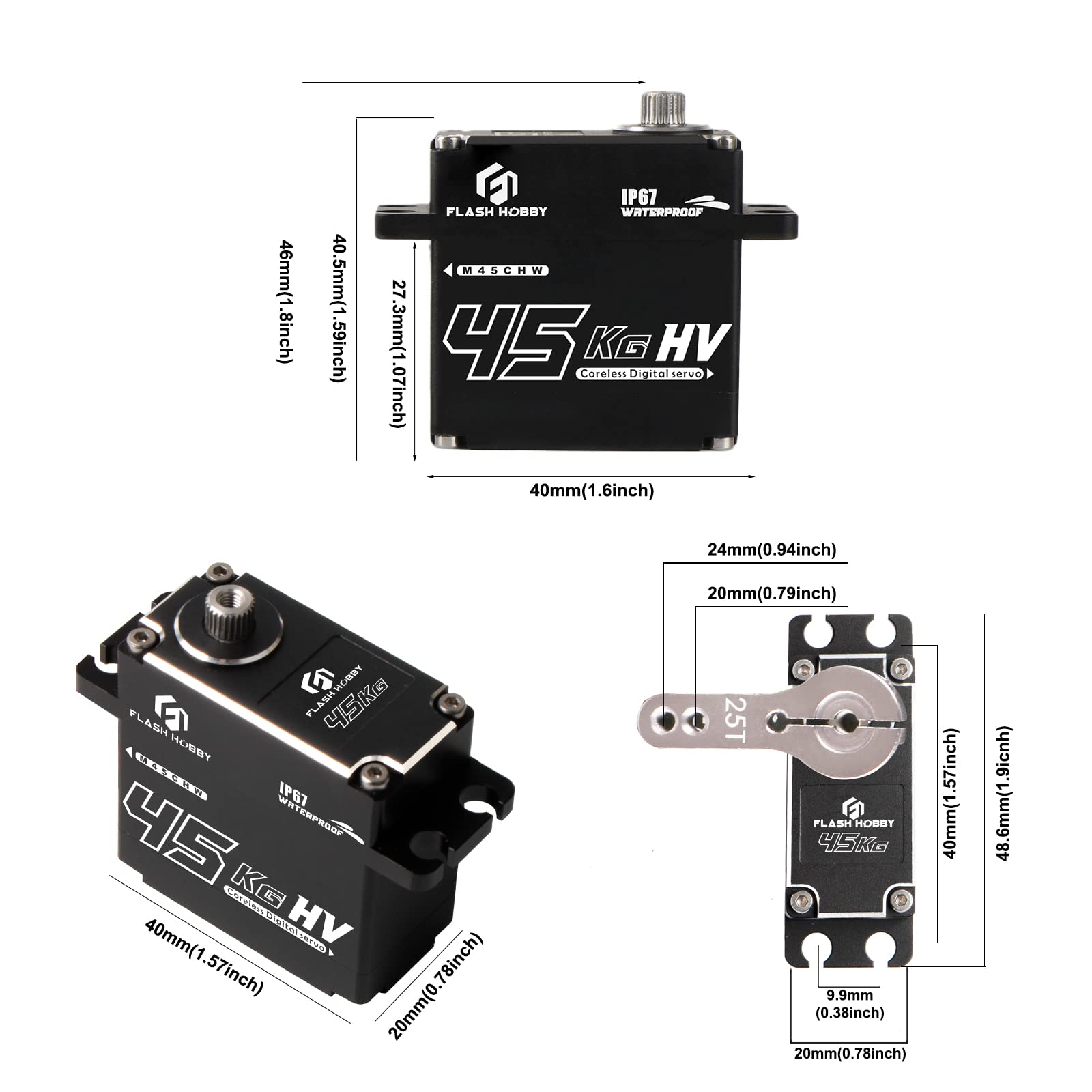 FLASH HOBBY 45KG Coreless Servo 8.4V High Torque Full Metal Gear Servo, IP67 Waterproof Steering RC Servo with Control Angle 270° for 1/10 Scale RC Cars, RC Crawler, Trucks & Robot Parts (45KG)