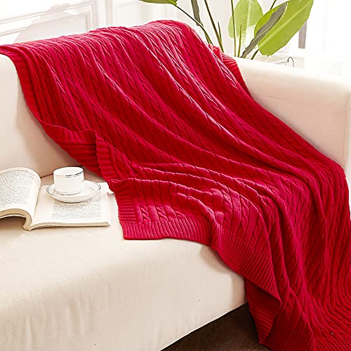 NTBAY 100% Pure Cotton Cable Knit Throw Blanket, Super Soft Warm 51x67 Knitted Throw Blanket for Couch, Sofa, Chair, Bed - Extra Cozy, Machine Washable, Comfortable Home Decor, Red