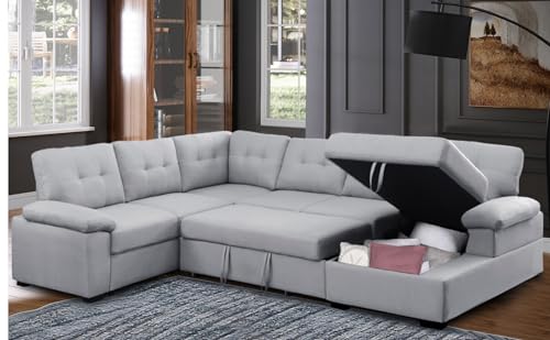 Sleeper Sofa Pull Out Couch with Storage, Modular Sectional Sofa Bed with Chaise Lounge, Modern Comfy 6 Seater U Shape Couch Bed for Living Room, Apartment, Home Office(Grey)