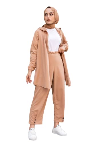 Salma's Apparel Women's 2-Piece Sweatsuits | Long Sleeve Zip Hoodie Sweatshirt with sweatpants | Muslims Track Suits for Women, Coffee with Milk