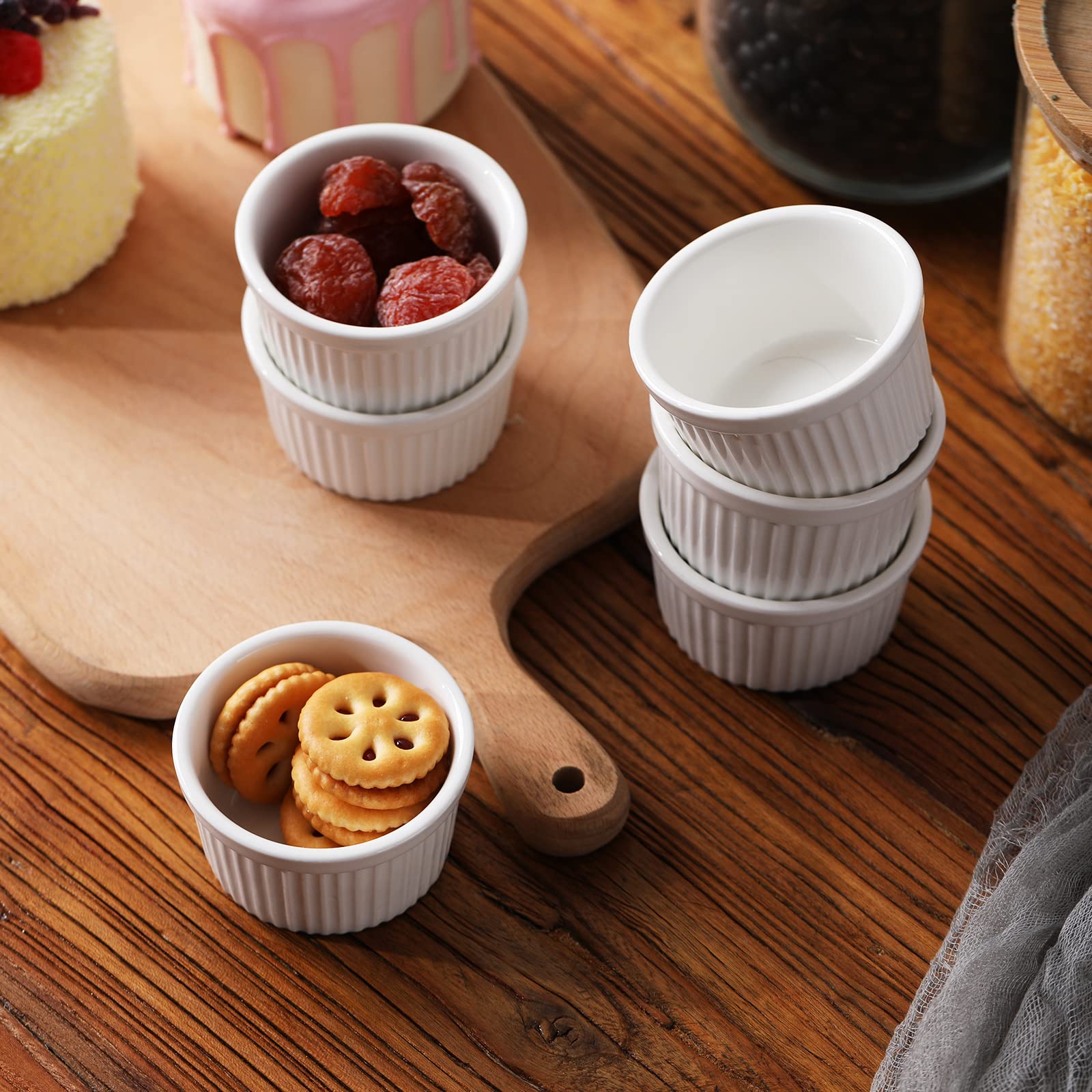 3 oz Ramekins 6 pcs Porcelain Ramekins Dishes for Souffle,Creme Brulee, Pudding, Custard Cups,Bakeware Bowls Set for Baking,Oven Safe, White 2.75 inch