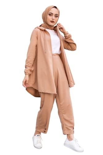 Salma's Apparel Women's 2-Piece Sweatsuits | Long Sleeve Zip Hoodie Sweatshirt with sweatpants | Muslims Track Suits for Women, Coffee with Milk