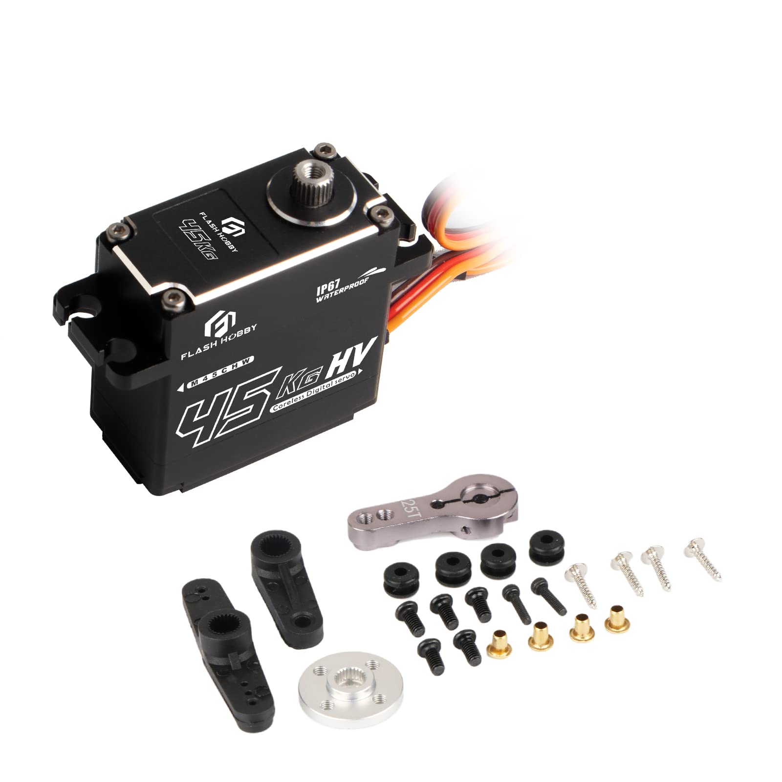FLASH HOBBY 45KG Coreless Servo 8.4V High Torque Full Metal Gear Servo, IP67 Waterproof Steering RC Servo with Control Angle 270° for 1/10 Scale RC Cars, RC Crawler, Trucks & Robot Parts (45KG)