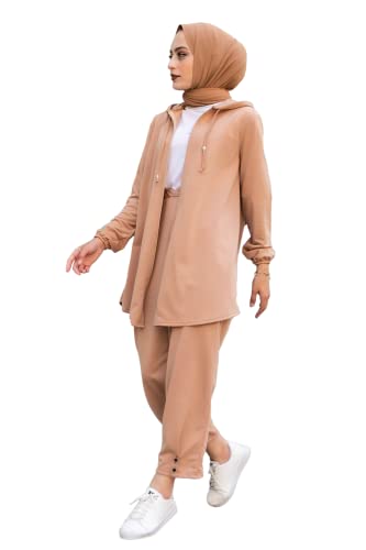 Salma's Apparel Women's 2-Piece Sweatsuits | Long Sleeve Zip Hoodie Sweatshirt with sweatpants | Muslims Track Suits for Women, Coffee with Milk