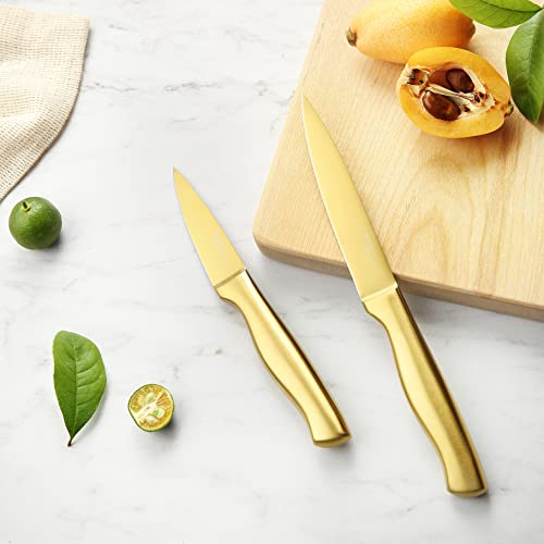Knife Set-Marco AlmondĀ® MA21 Luxury Golden Kitchen Knife Set, Titanium Coated 14 Pieces Stainless Steel Hollow Handle Gold Kitchen Knife Set with Block by White Wash Finish Wood