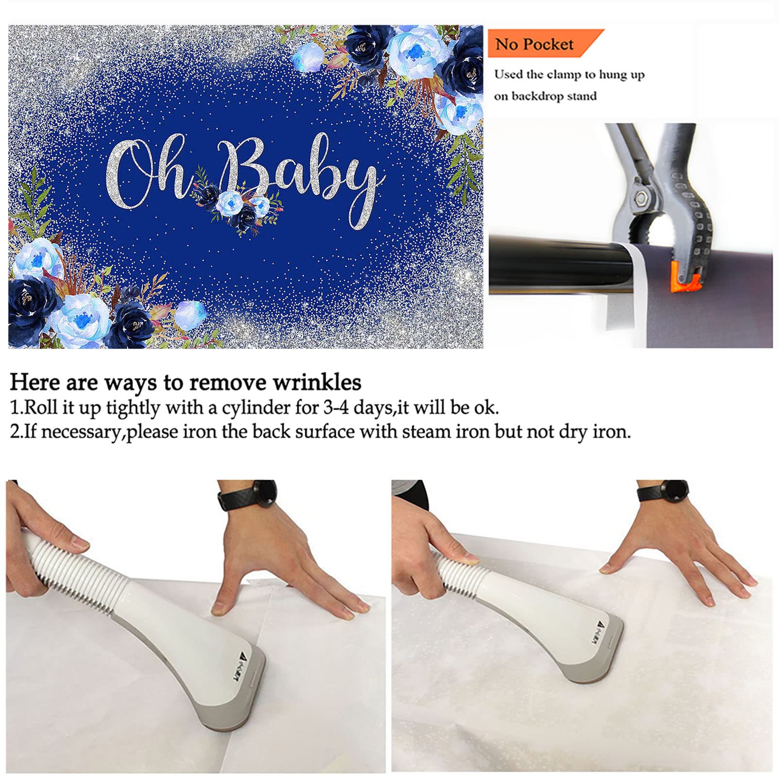 Avezano Navy Blue and Silver Baby Shower Backdrop for Boy Baby Shower Party Decorations Photography Background Glitter Silver Navy Blue Floral Oh Baby Party Decorations Backdrops (7x5ft)