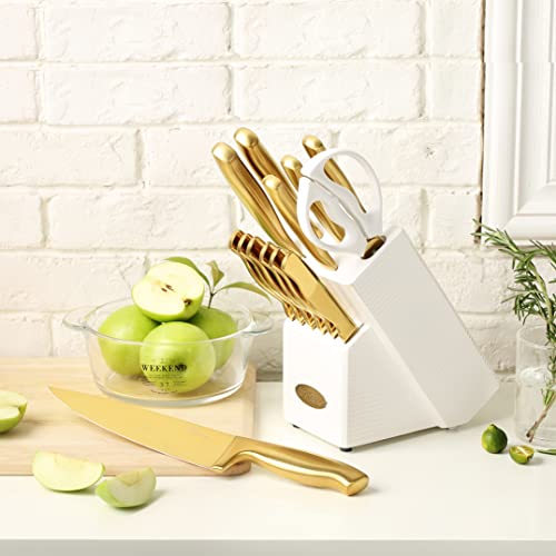 Knife Set-Marco AlmondĀ® MA21 Luxury Golden Kitchen Knife Set, Titanium Coated 14 Pieces Stainless Steel Hollow Handle Gold Kitchen Knife Set with Block by White Wash Finish Wood