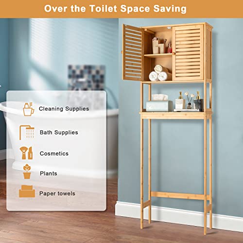 Vasitelan Over The Toilet Storage Cabinet, Bathroom Organizer with Adjustable Inside Shelf and Bottom Stabilizer Bar, Space-Saving Toilet Rack (Wood Color)