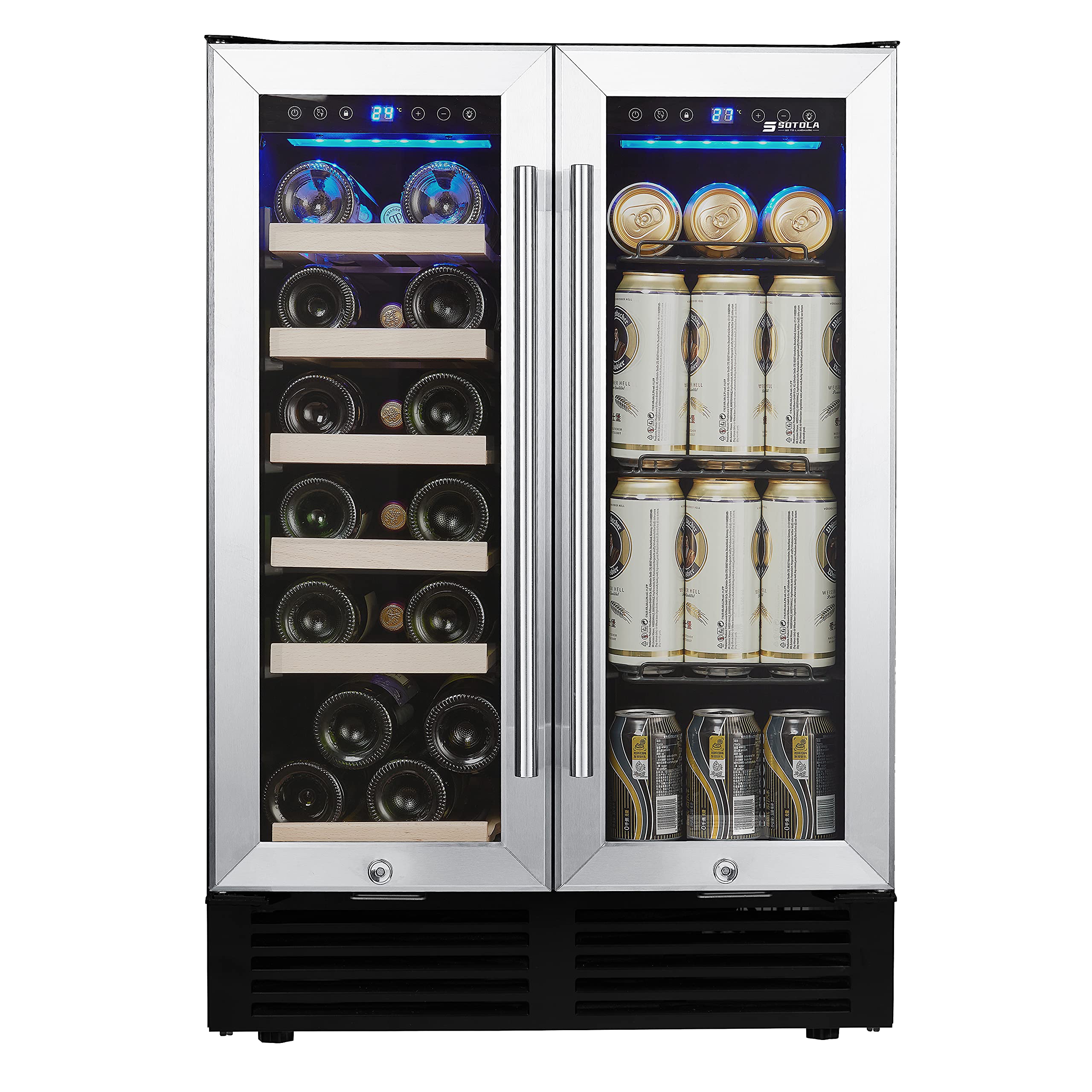 Anwick Cooler, 24 Inch Wine Refrigerator Dual Zone for 60 Cans and 20 Bottles - Mini Wine Fridge with Stainless Steel Tempered Glass Door and Temperature Memory Function