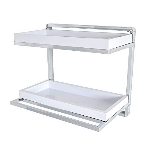 Danya B. HA80582 Bathroom Accessories and Décor – Wall Mount 2-Tier Chrome Shelving Unit with Towel Rack and White Removable Trays
