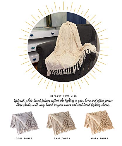 LR Home Soft Luxury Handmade Boho Farmhouse Diamond Throw Blanket with Fringe, 50" x 60", Natural