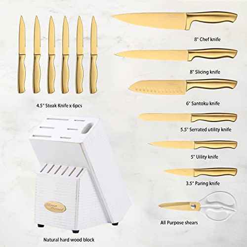 Knife Set-Marco AlmondĀ® MA21 Luxury Golden Kitchen Knife Set, Titanium Coated 14 Pieces Stainless Steel Hollow Handle Gold Kitchen Knife Set with Block by White Wash Finish Wood