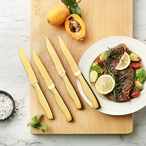 Knife Set-Marco AlmondĀ® MA21 Luxury Golden Kitchen Knife Set, Titanium Coated 14 Pieces Stainless Steel Hollow Handle Gold Kitchen Knife Set with Block by White Wash Finish Wood