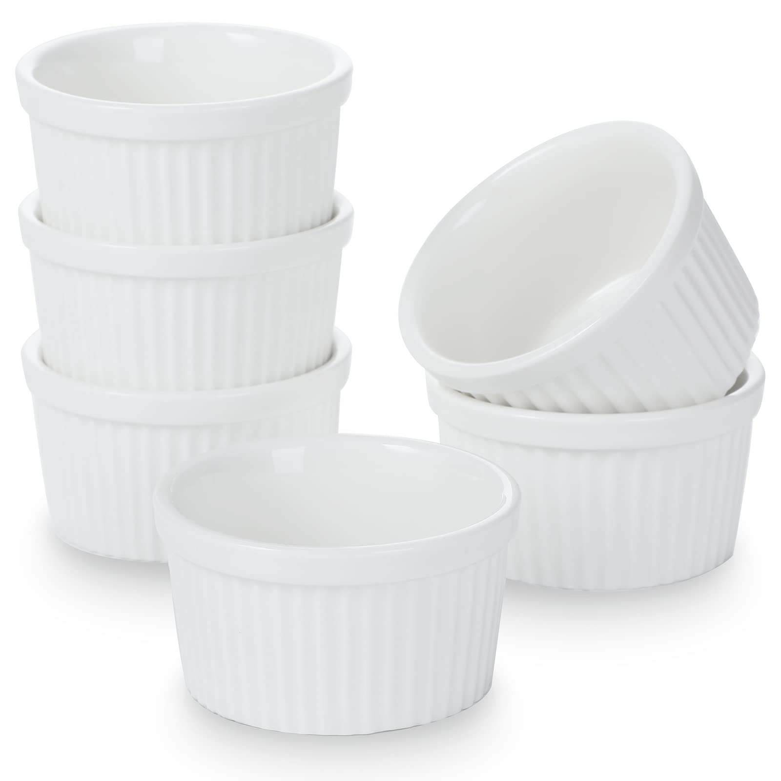 3 oz Ramekins 6 pcs Porcelain Ramekins Dishes for Souffle,Creme Brulee, Pudding, Custard Cups,Bakeware Bowls Set for Baking,Oven Safe, White 2.75 inch