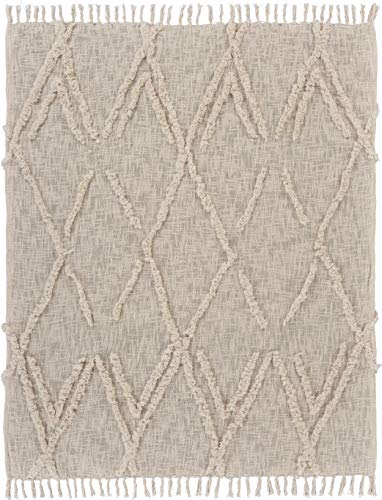 LR Home Soft Luxury Handmade Boho Farmhouse Diamond Throw Blanket with Fringe, 50" x 60", Natural