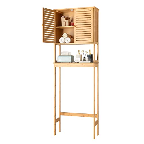 Vasitelan Over The Toilet Storage Cabinet, Bathroom Organizer with Adjustable Inside Shelf and Bottom Stabilizer Bar, Space-Saving Toilet Rack (Wood Color)
