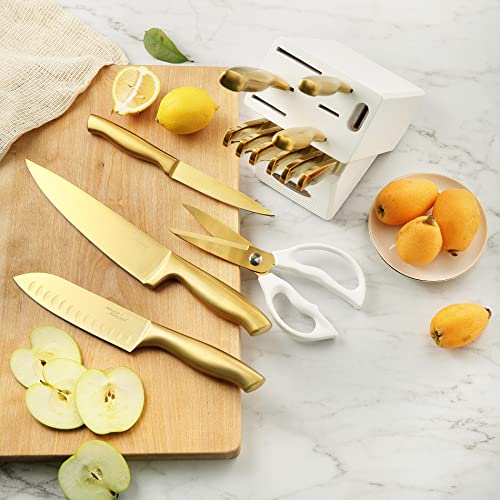 Knife Set-Marco AlmondĀ® MA21 Luxury Golden Kitchen Knife Set, Titanium Coated 14 Pieces Stainless Steel Hollow Handle Gold Kitchen Knife Set with Block by White Wash Finish Wood