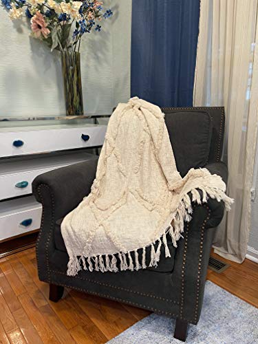 LR Home Soft Luxury Handmade Boho Farmhouse Diamond Throw Blanket with Fringe, 50" x 60", Natural