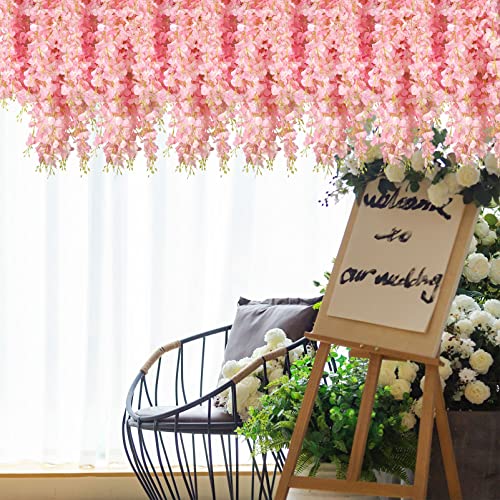 GOOCHOO 12 Pack 3.6 Feet Artificial Fake Wisteria Vine Ratta Hanging Garland Silk Flowers String Party Home Wedding Decor, (Light Pink)