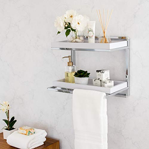 Danya B. HA80582 Bathroom Accessories and Décor – Wall Mount 2-Tier Chrome Shelving Unit with Towel Rack and White Removable Trays