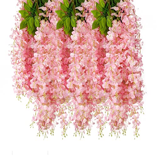 GOOCHOO 12 Pack 3.6 Feet Artificial Fake Wisteria Vine Ratta Hanging Garland Silk Flowers String Party Home Wedding Decor, (Light Pink)