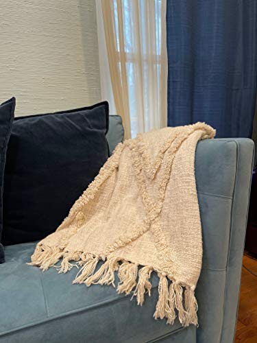 LR Home Soft Luxury Handmade Boho Farmhouse Diamond Throw Blanket with Fringe, 50" x 60", Natural