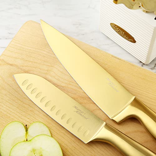 Knife Set-Marco AlmondĀ® MA21 Luxury Golden Kitchen Knife Set, Titanium Coated 14 Pieces Stainless Steel Hollow Handle Gold Kitchen Knife Set with Block by White Wash Finish Wood