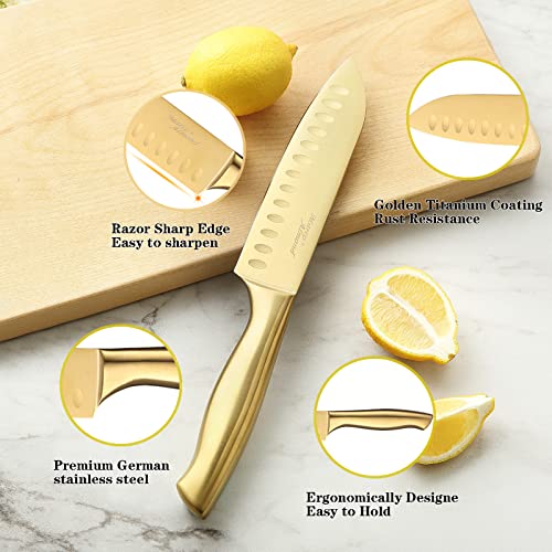 Knife Set-Marco AlmondĀ® MA21 Luxury Golden Kitchen Knife Set, Titanium Coated 14 Pieces Stainless Steel Hollow Handle Gold Kitchen Knife Set with Block by White Wash Finish Wood