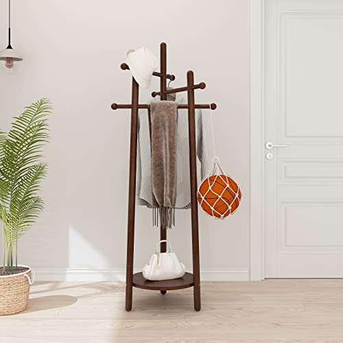 Aibiju Heavy Duty Coat Rack Freestanding,Wooden Coat Hanger Stand with Storage Shelf and 3 Crossbar, Coat Tree Easy to Assemble for Home Office Suits Jacket Hat Umbrellas Brown YD-1440