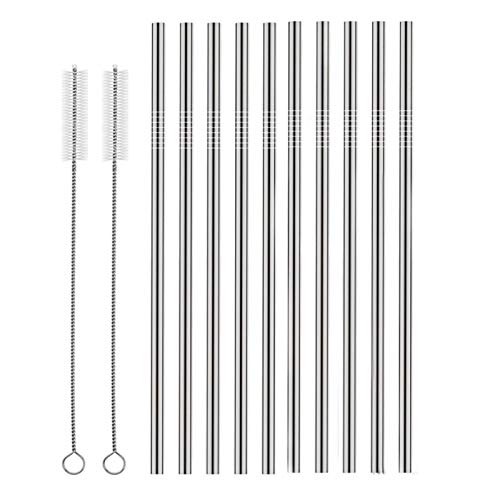 Set of 10 Stainless Steel Straws, HuaQi Straight Reusable Drinking Straws 10.5'' Long 0.24‘’ Dia for 30 oz Tumbler and 20 oz Tumbler, 2 Cleaning Brush Included (10 Straight Straws + 2 Brushes)