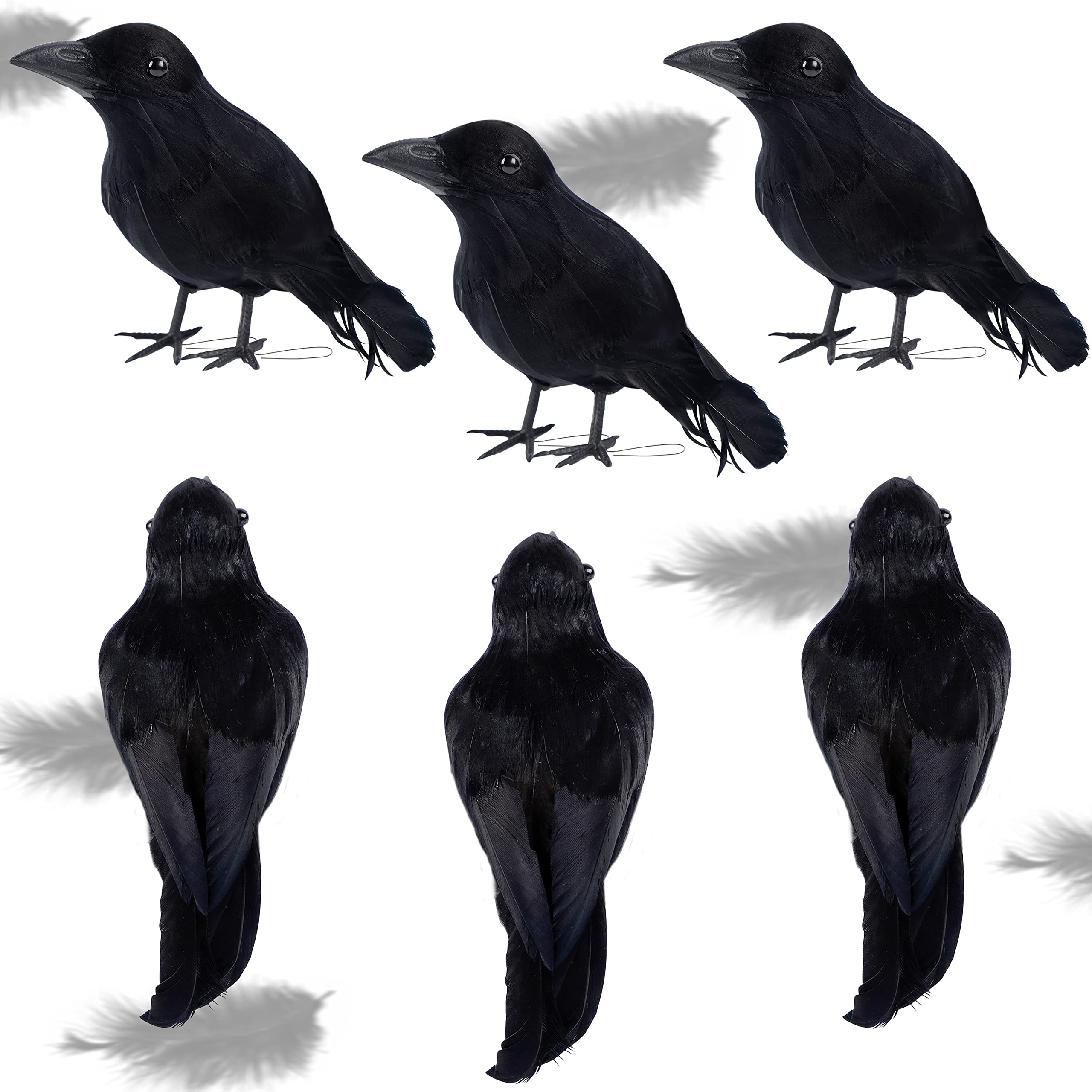 ATDAWN Halloween Birds, Black Feathered Crows, Realistic Looking Halloween Decoration Birds (6.7")