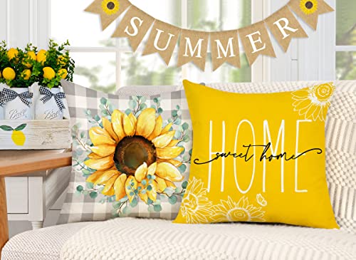 Spring Summer Pillow Covers 18x18 Set of 4 Sunflower Decorations for Farmhouse Pillows Home Sweet Home Bless This Home Decorative Throw Pillows Yellow Gray Throw Cushion Case for Home Decor TH169