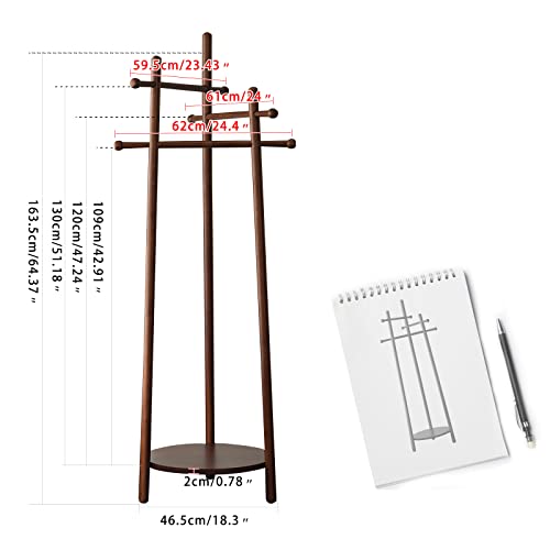 Aibiju Heavy Duty Coat Rack Freestanding,Wooden Coat Hanger Stand with Storage Shelf and 3 Crossbar, Coat Tree Easy to Assemble for Home Office Suits Jacket Hat Umbrellas Brown YD-1440