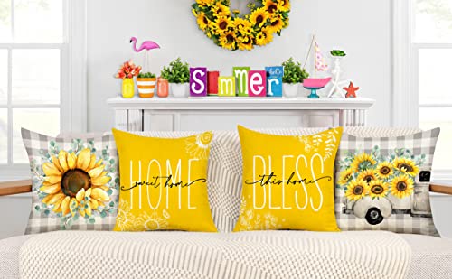 Spring Summer Pillow Covers 18x18 Set of 4 Sunflower Decorations for Farmhouse Pillows Home Sweet Home Bless This Home Decorative Throw Pillows Yellow Gray Throw Cushion Case for Home Decor TH169