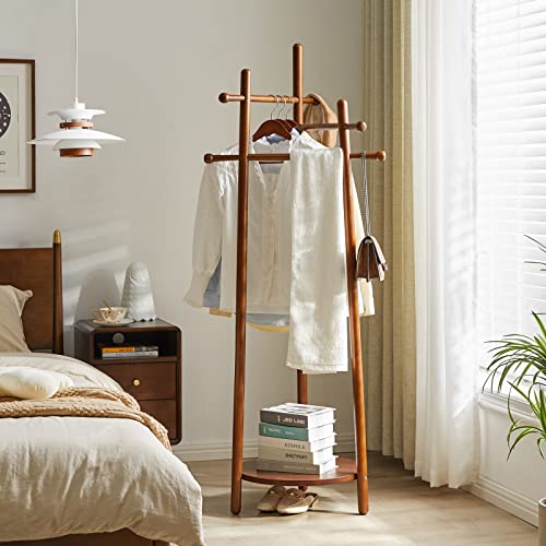 Aibiju Heavy Duty Coat Rack Freestanding,Wooden Coat Hanger Stand with Storage Shelf and 3 Crossbar, Coat Tree Easy to Assemble for Home Office Suits Jacket Hat Umbrellas Brown YD-1440