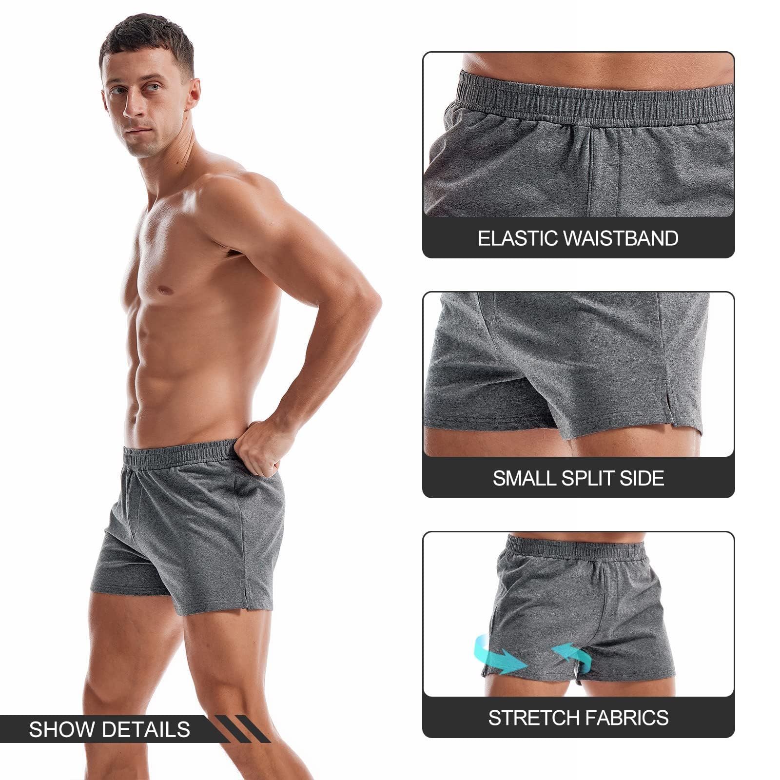 AMY COULEE Mens Gym Shorts 3" Bodybuilding Workout Shorts Lightweight Running Lounge Cotton Sleep Bottoms (M, Dark Gray)