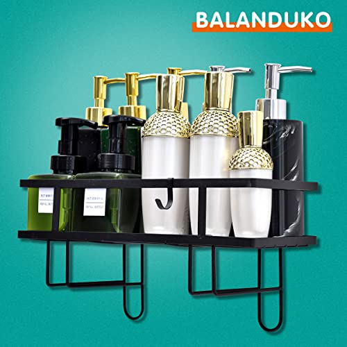 BALANDUKO Bathroom Organizer Over The Toilet Storage Shelf, Iron Restroom Organizers with Hanging Hook & Adhesive Base, No Drilling Space Saver with Wall Mounting Design (Black)