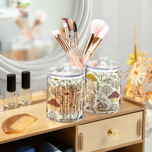 JUMBEAR 2 Pack Mushroom Qtip Holder Dispenser with Lid 14 oz Clear Plastic Apothecary Jar Set for Bathroom Vanity Organizers Storage Containers