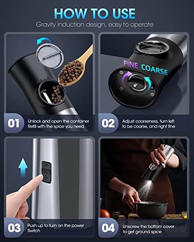 Gravity-Electric-Salt-and-Pepper-Grinder-Set - ππ©π π«ππππ Large Capacity - USB Rechargeable Automatic Pepper Mill Grinder - Adjustable Coarseness - One Hand Operated - Stainless Steel, LED Light
