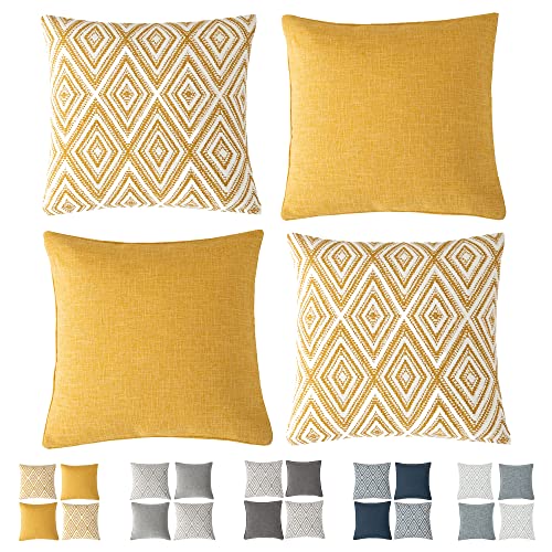 HPUK Decorative Throw Pillow Covers Set of 4 Geometric Design Linen Cushion Cover for Couch Sofa Living Room, 18"x18" inches, Ochre