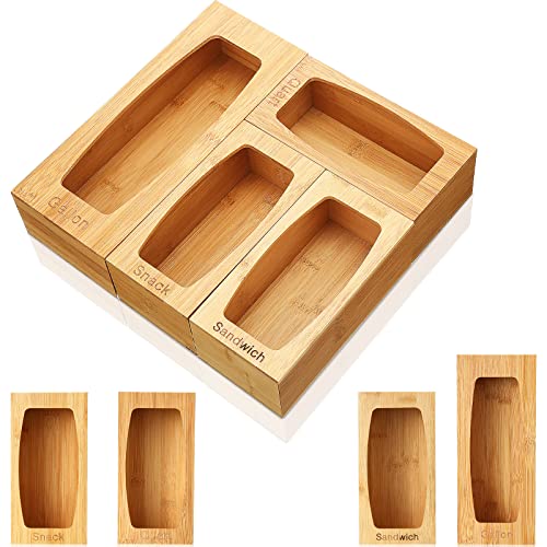 Food Storage Bag Organizer Holders Bamboo Kitchen Drawer Bag Storage 4 Pieces Separate Bag Storage Dispenser Bag Storage Box Suitable for Gallon, Sandwich, Quart, Candy and Snack Variety Size Bag