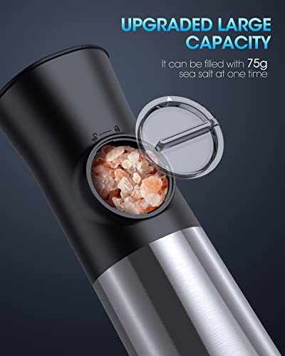 Gravity-Electric-Salt-and-Pepper-Grinder-Set - ππ©π π«ππππ Large Capacity - USB Rechargeable Automatic Pepper Mill Grinder - Adjustable Coarseness - One Hand Operated - Stainless Steel, LED Light